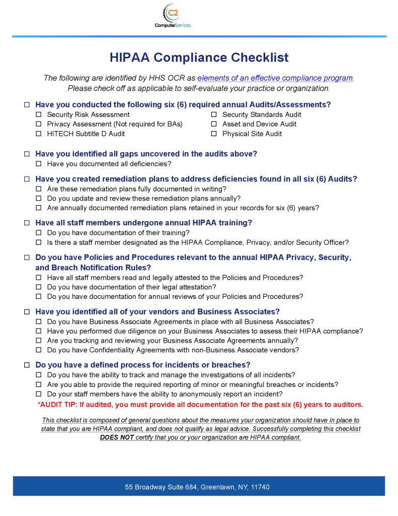 HIPAA Checklist - C2 Computer Services, Inc